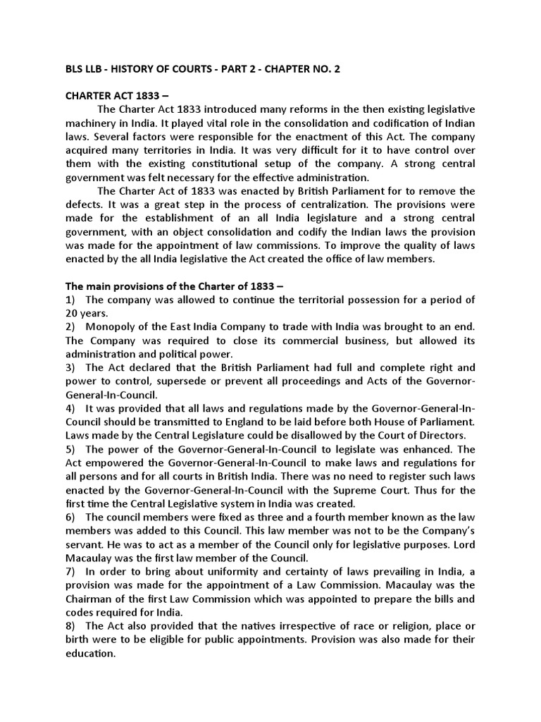 BLS LLB - History of Courts - Part 2 - Chapter No. 2 | PDF | Codification (Law) | Act Of Parliament