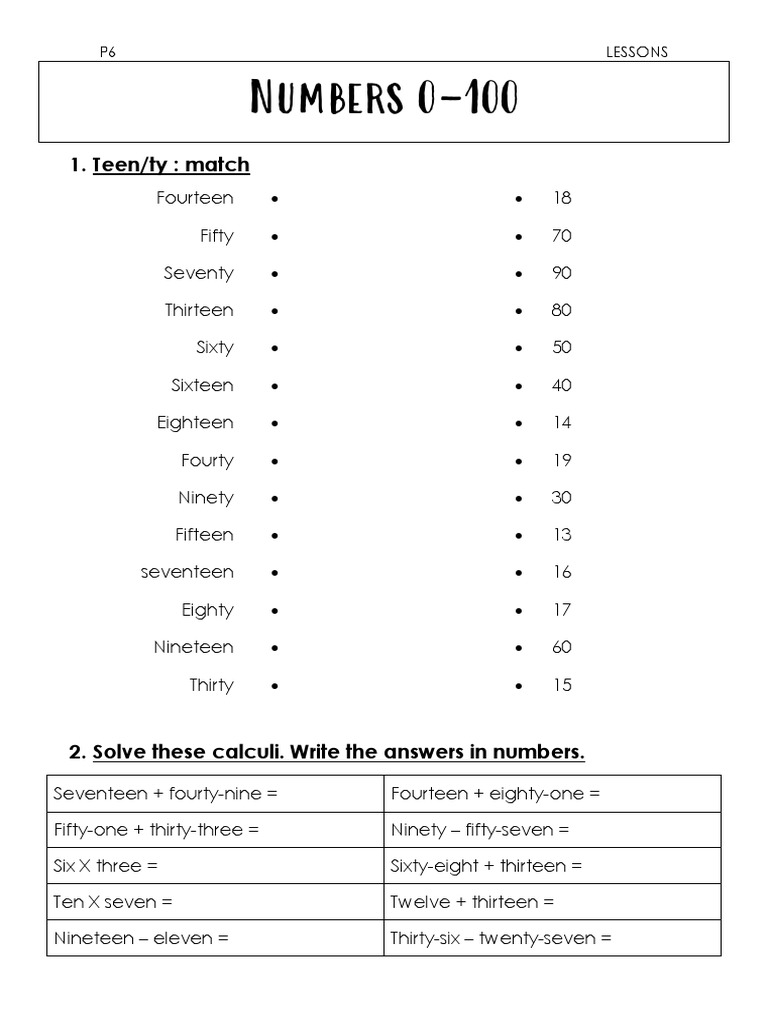 Numbers 0-100 Exercises | PDF