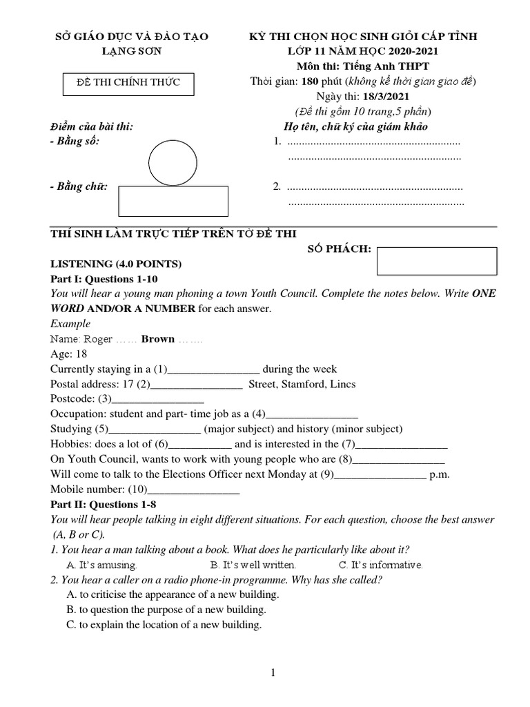 De Hoc Sinh Gioi Tinh Tieng Anh 11 THPT Nam 2020 2021 So GDDT Lang Son | PDF