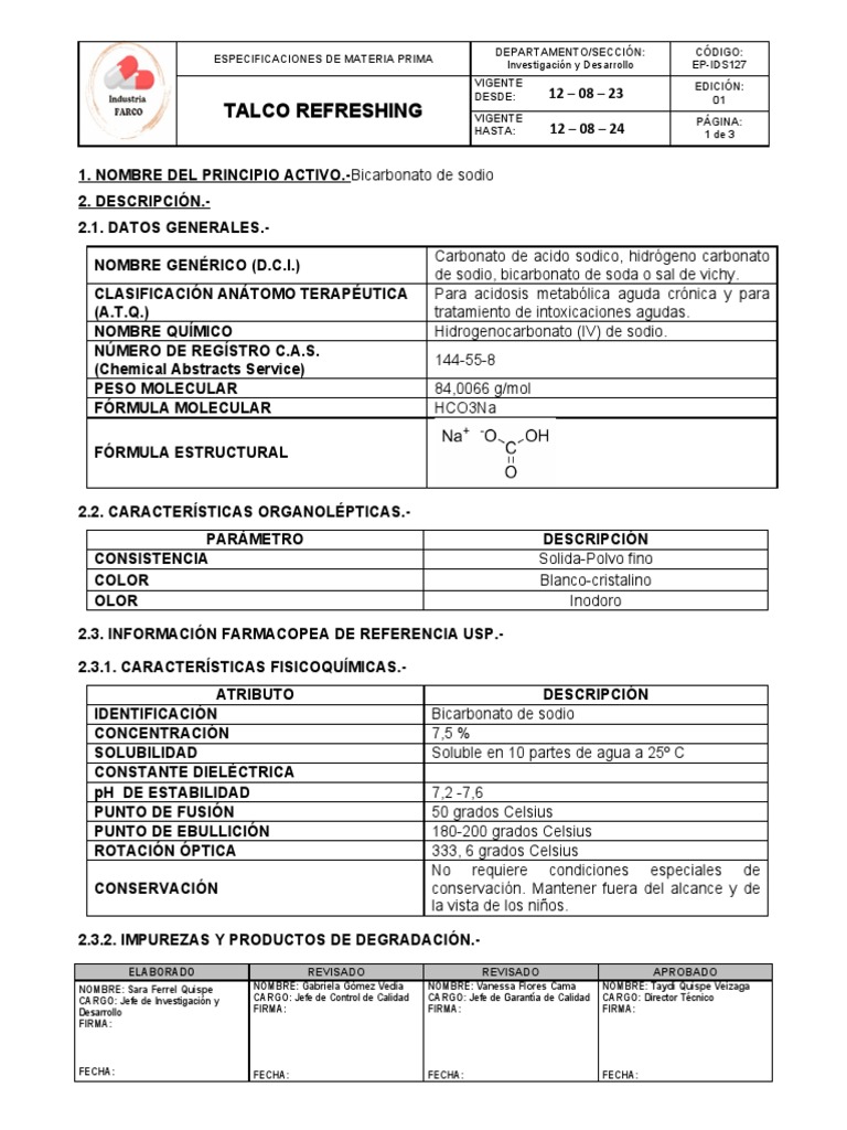 Especificaciones Materia Prima (Propiedades Fisicoquímicas) | PDF ...