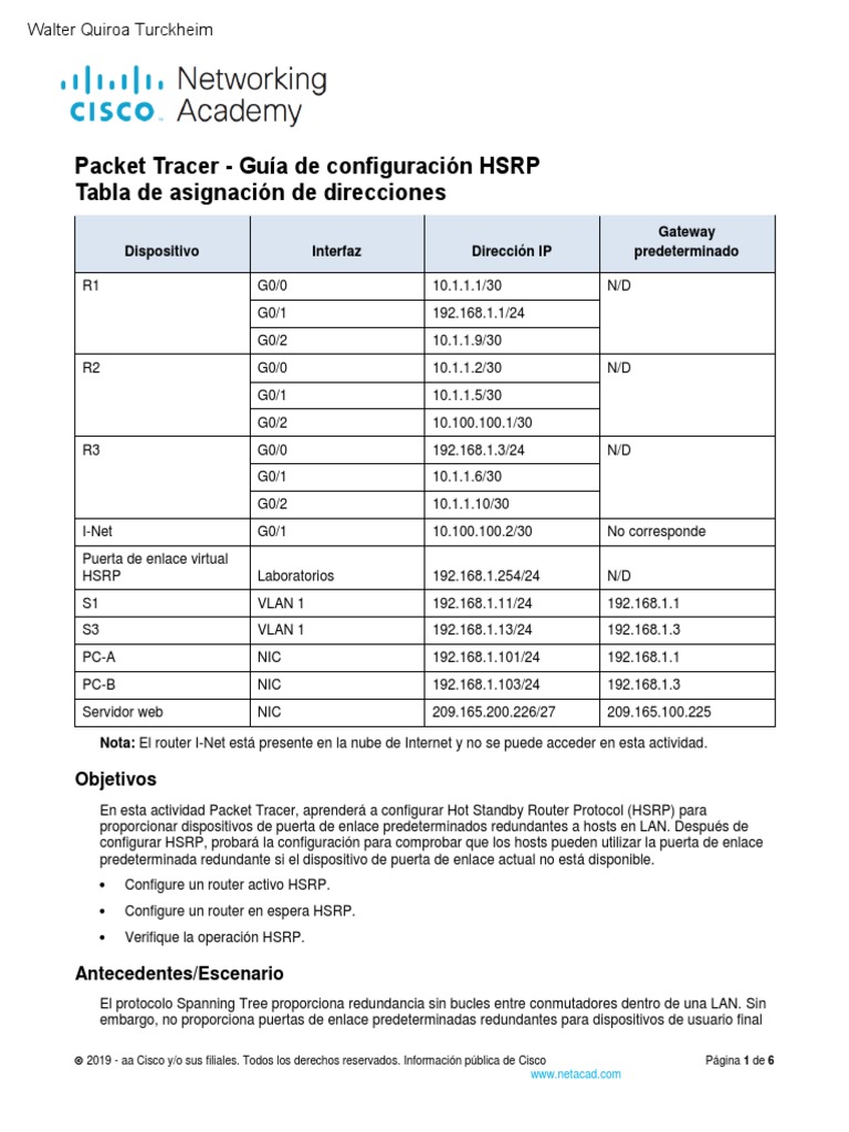 9.3.3 Packet Tracer - HSRP Configuration Guide - Es XL - Listo | PDF | Enrutador (Computación ...
