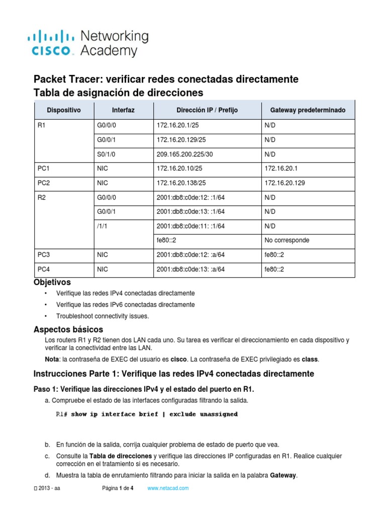 1.5.10 Packet Tracer - Verify Directly Connected Networks - Es XL - Listo | PDF