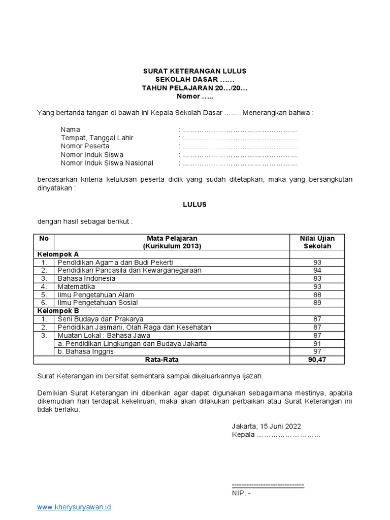 Surat Keterangan Lulus SD 2022 | PDF
