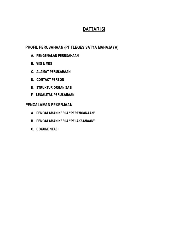 Daftar Isi: Profil Perusahaan (PT Tleges Satya Mahajaya) | PDF