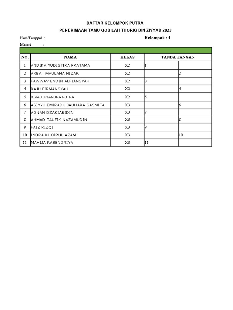 Daftar Kelompok Penerimaan Tamu | PDF
