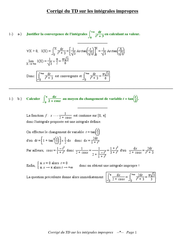 TD11 Integrales Impropres Corrige | PDF | Intégral | Analyse réelle