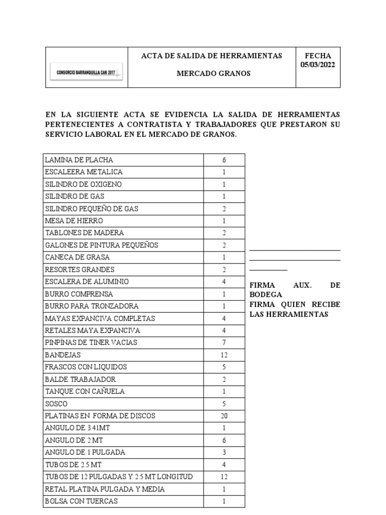 Acta de Salida de Herramientas | PDF