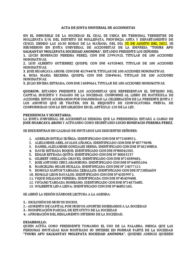 Acta de Junta Universal | PDF