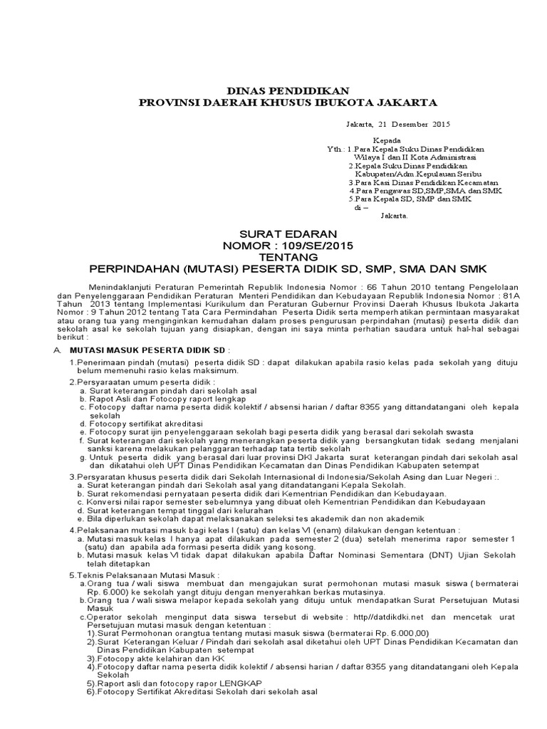 Surat Edaran No 09 Se 2015 Mutasi Peserta Didik SD | PDF
