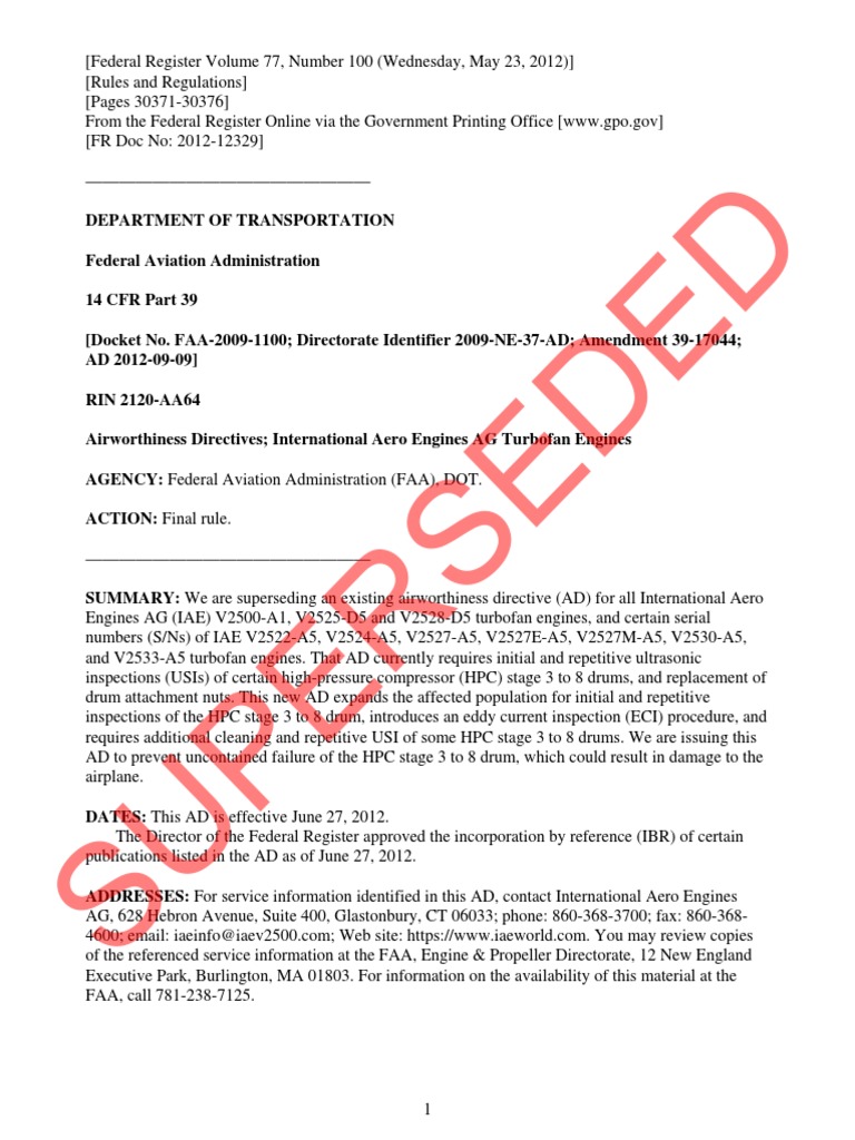 Updated Airworthiness Directive for IAE Engines | PDF | Federal ...