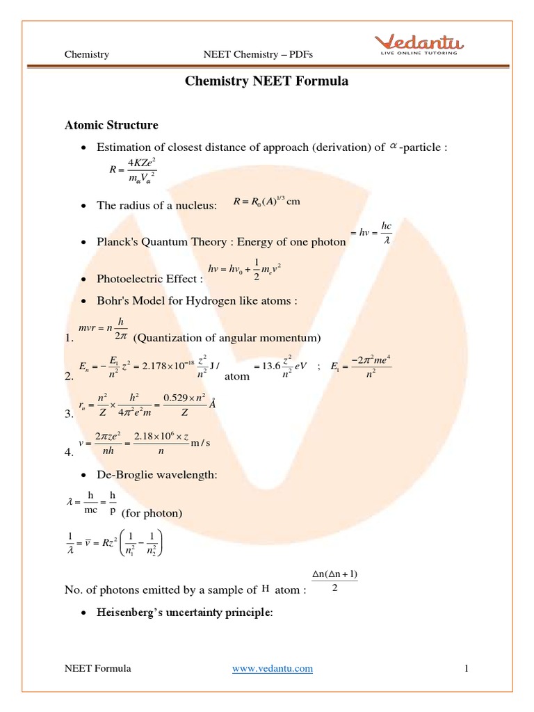 Important Formulas For NEET As PDF From Vedantu | PDF