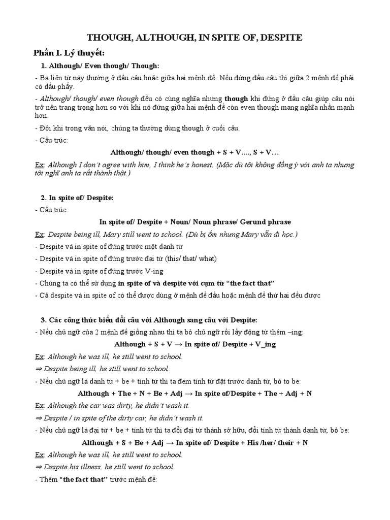 Though Although in Spite of Despite | PDF