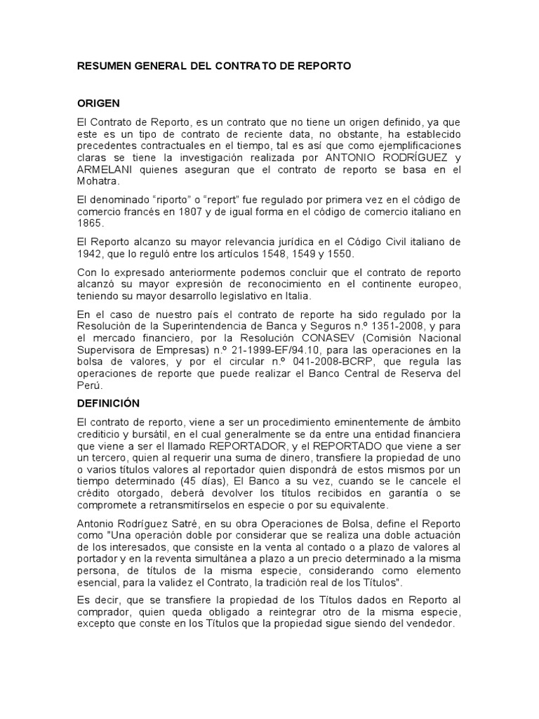 Resumen General Del Contrato de Reporto | PDF