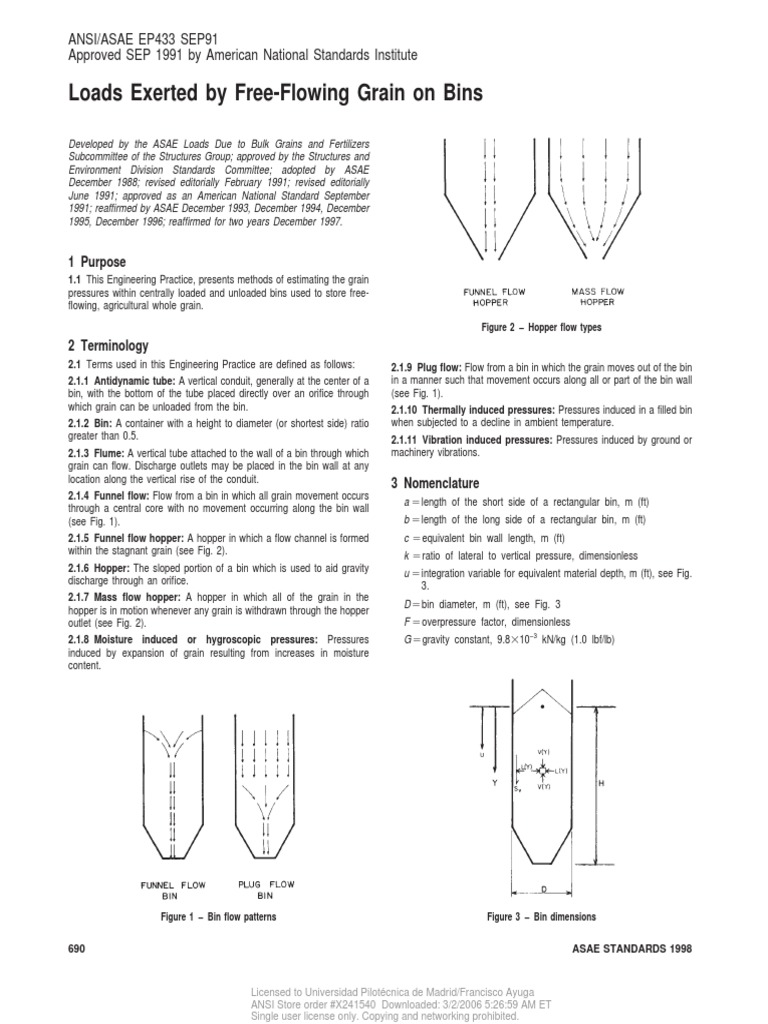 ANSI ASAE EP 433 (1991) Loads Exerted by Free-Flowing Grain On Bins | PDF | Pressure | Fluid ...