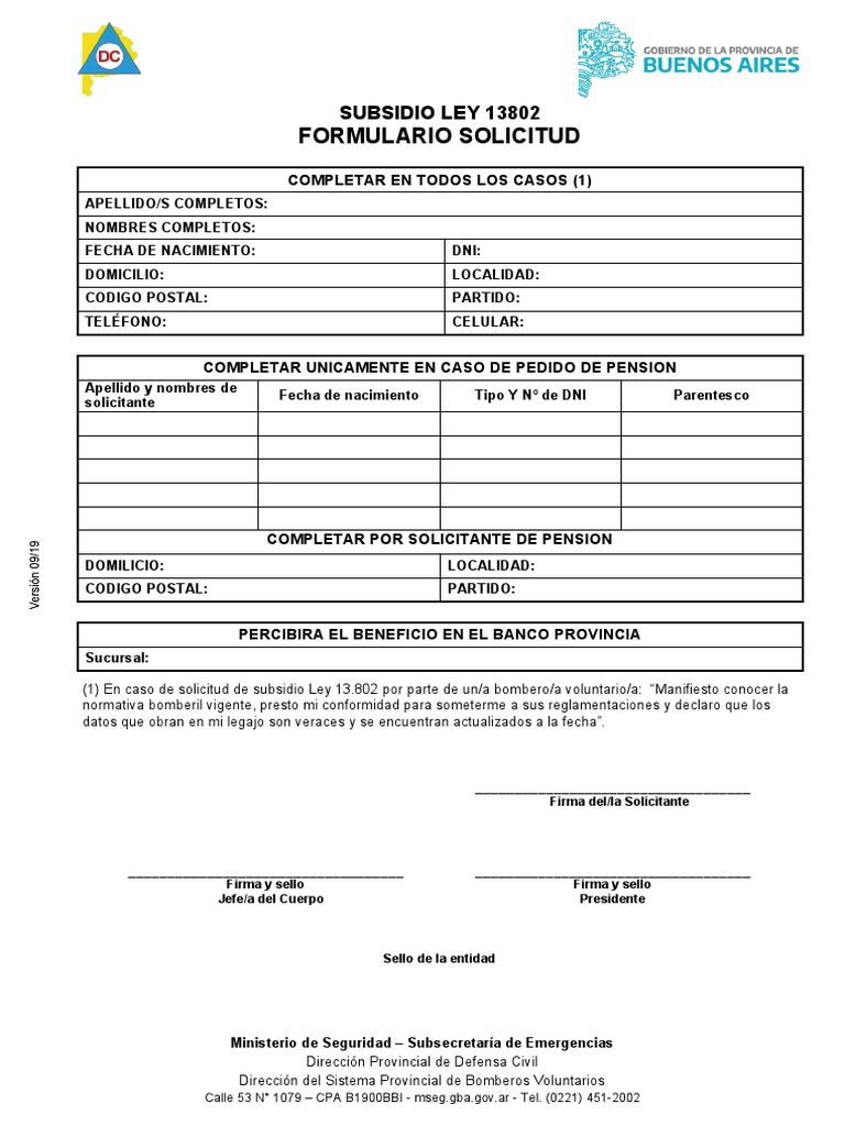Formulario Solicitud Ley 13802 en Blanco | PDF