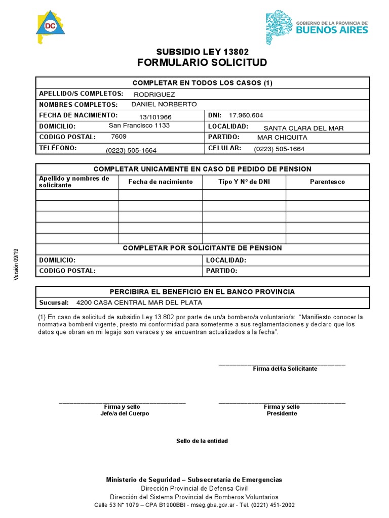 Solicitud Subsidio Ley 13802 | PDF