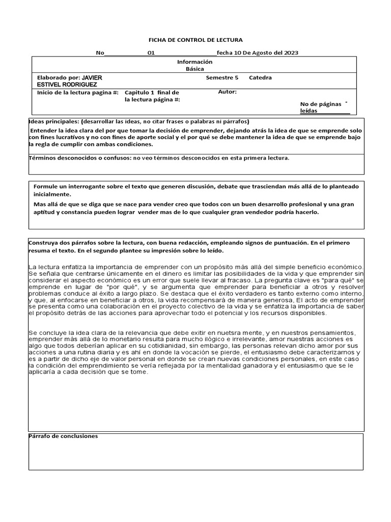 Ficha de Control de Lectura | PDF