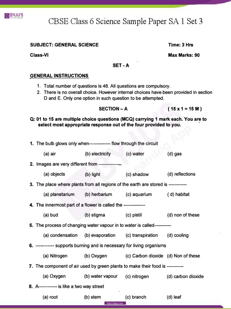 NCERT SCIENCE CLASS 6 SAMPLE PAPER | PDF | Leaf | Water