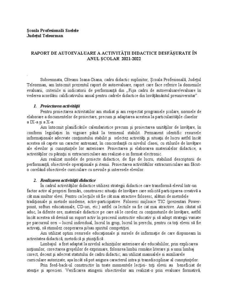 Raport Autoevaluare 2021-2022 | PDF