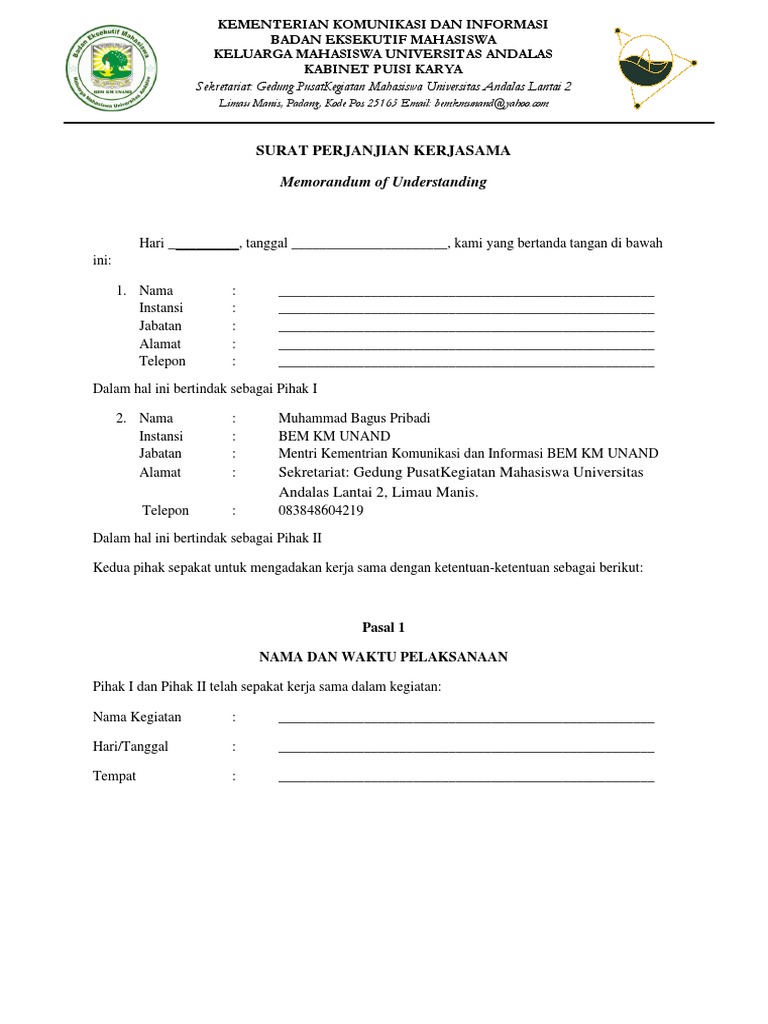 Surat-MOU-MEDIA PARTNERSHIP BEM KM UNAND-2020 | PDF