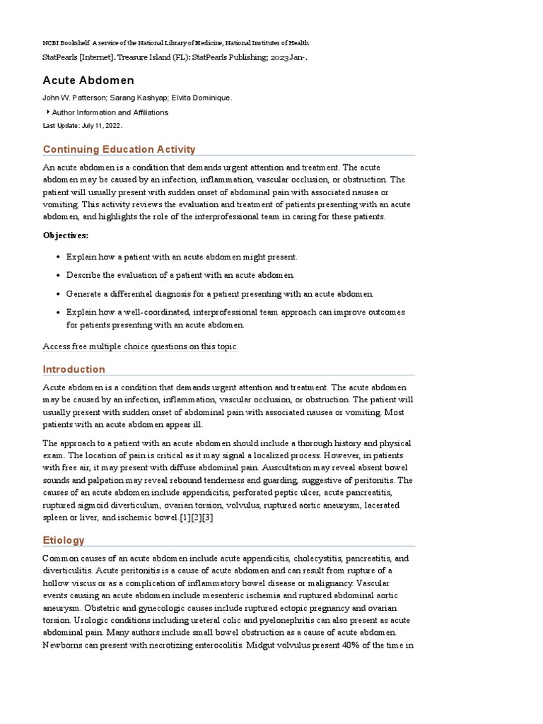 Acute Abdomen - StatPearls - NCBI Bookshelf | PDF