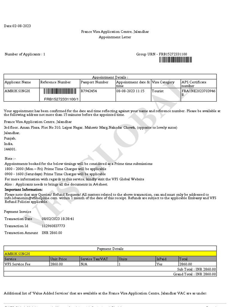VFS Appoitment | PDF