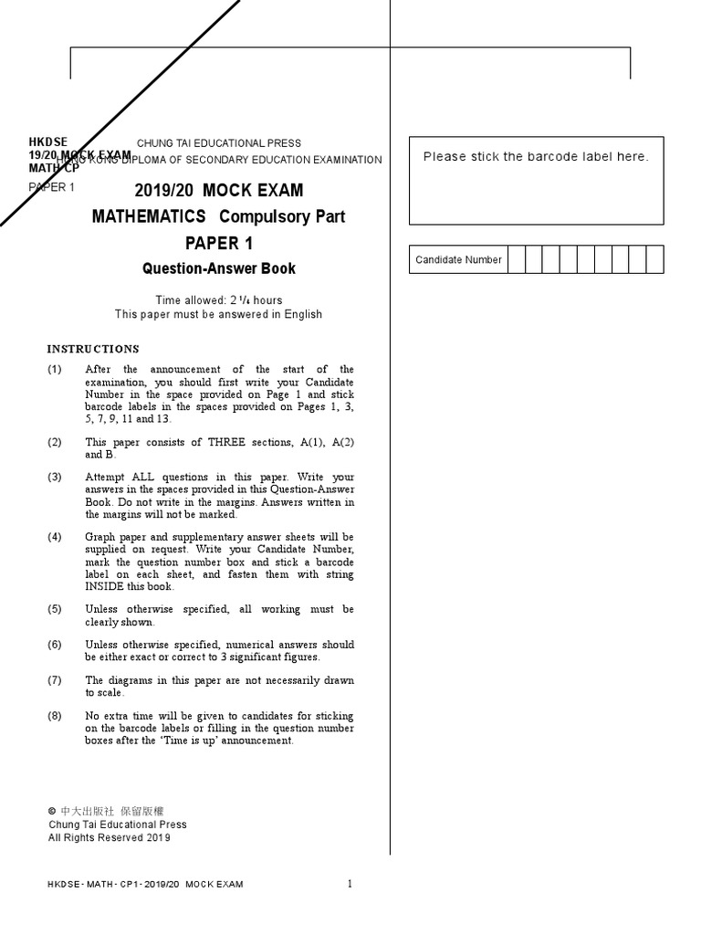 2019/20 MOCK EXAM MATHEMATICS Compulsory Part Paper 1: Question-Answer ...