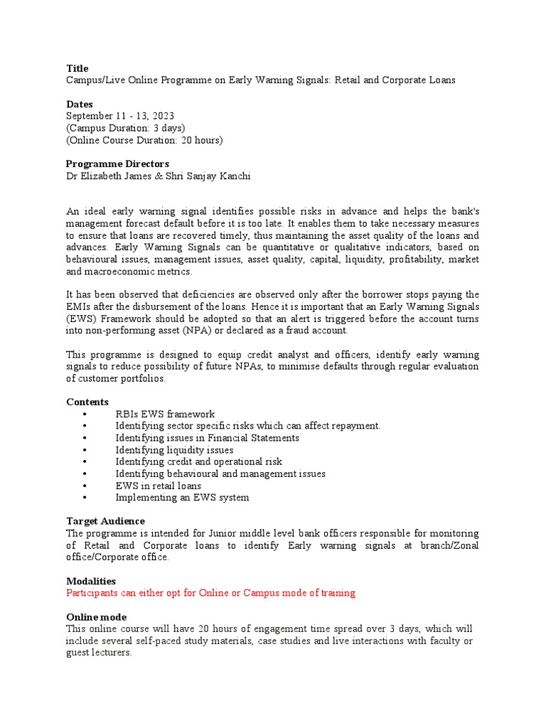 Early Warning Signals: Retail and Corporate Loans | PDF | Loans ...