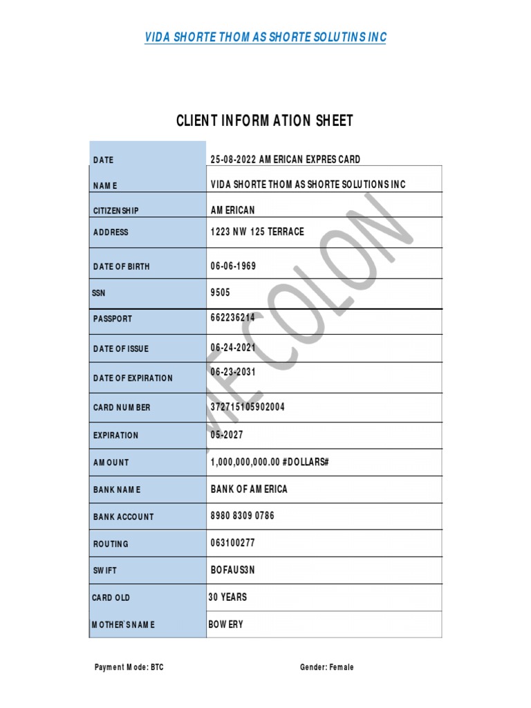 1 - Cis - Client Information Sheet Jaime Antonio Colon Amex | PDF