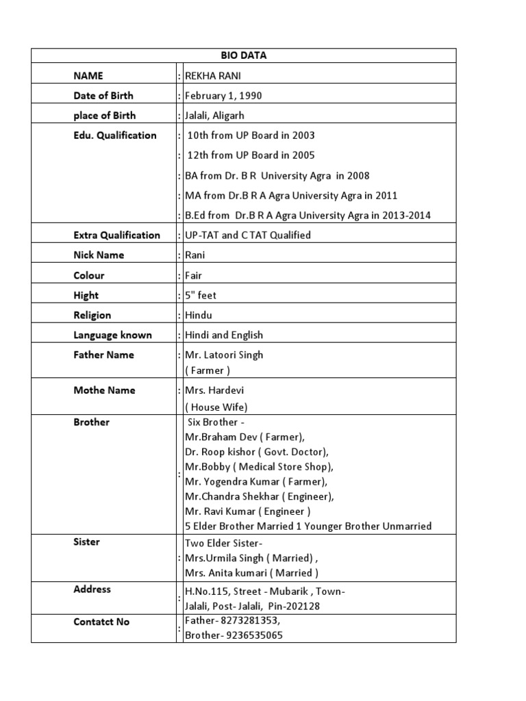 Rekha Bio Data | PDF