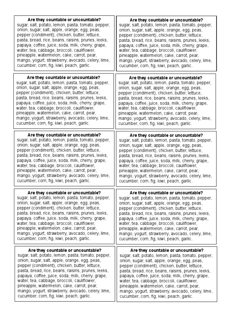 Countable vs Uncountable Foods Guide | PDF | Foods | Food And Drink