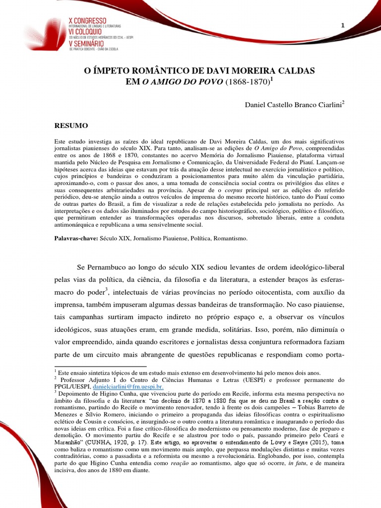 O Ímpeto Romântico de Davi Moreira Caldas em O Amigo Do Povo (1868-1870) | PDF | Liberalismo ...