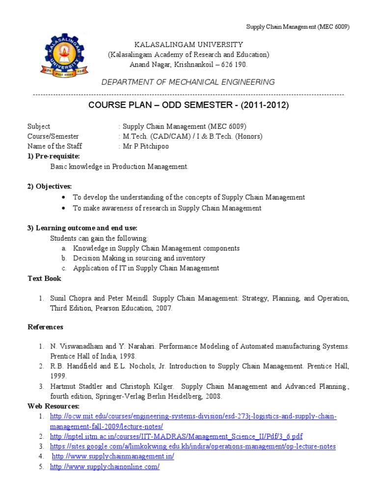 Supply Chain Management (MEC6009) - Course Plan | PDF | Supply Chain ...