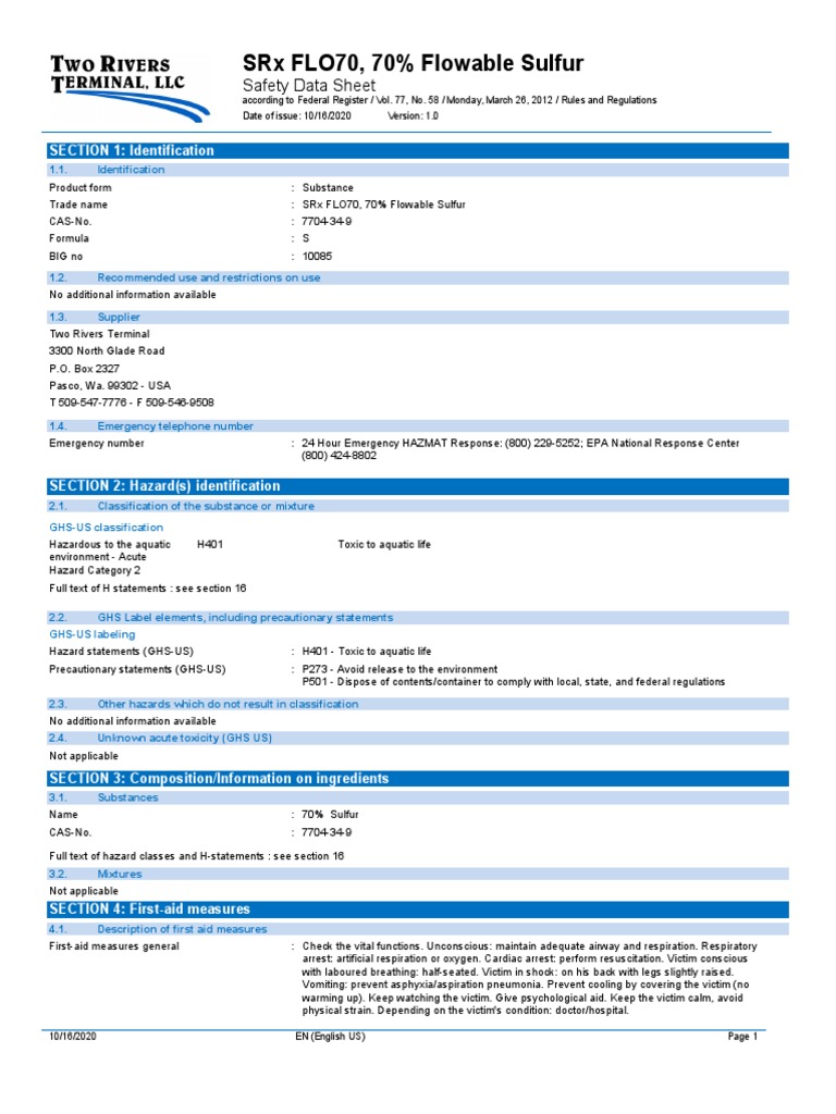 SRX FLO70 MSDS | PDF | Toxicity | Solubility