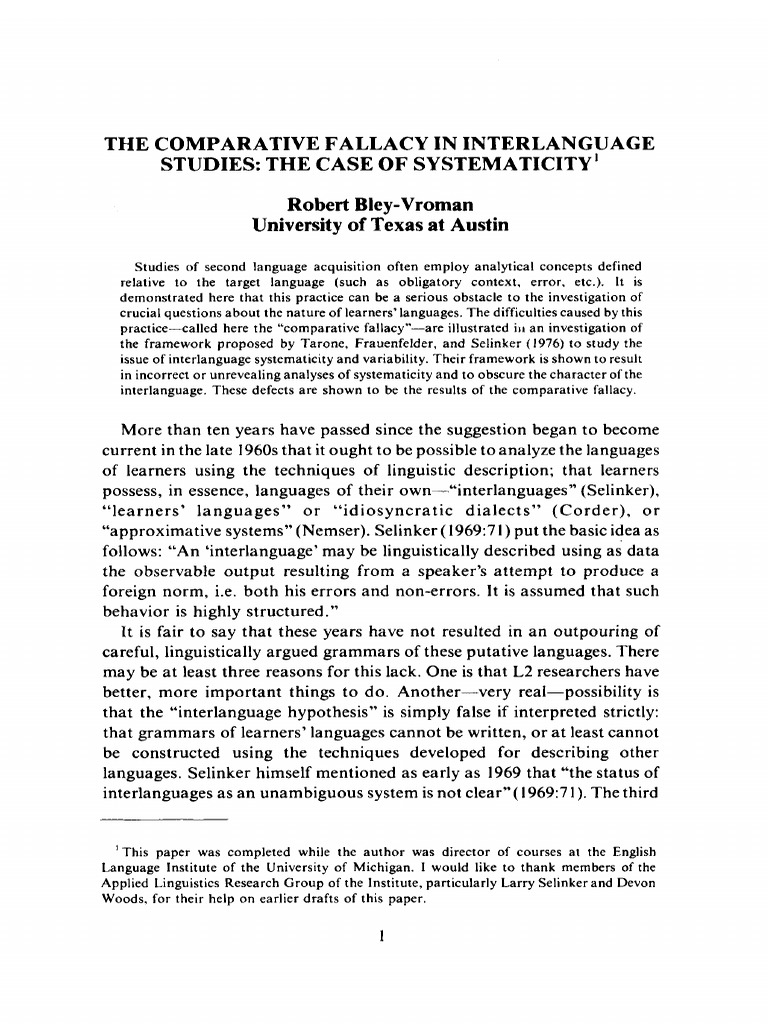BLEY-VROMAN The Comparative Fallacy in Interlanguage Study | PDF | Language Arts & Discipline