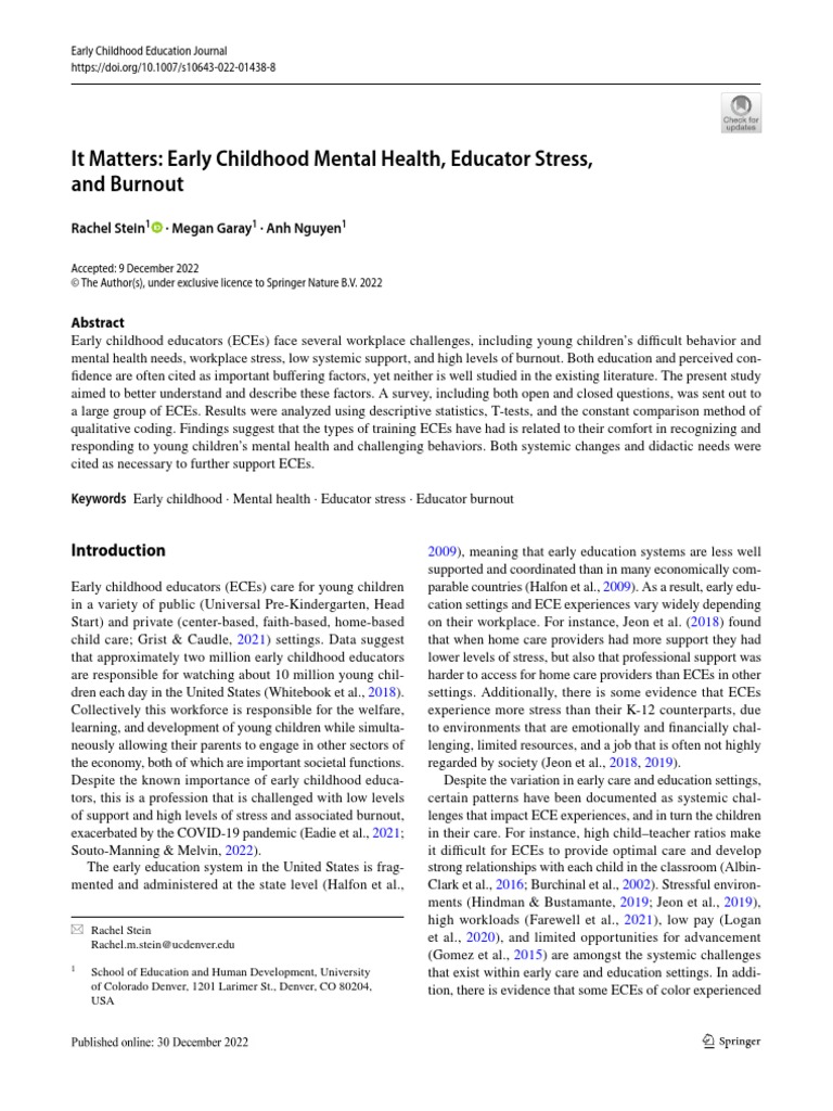 It Matters: Early Childhood Mental Health, Educator Stress, and Burnout ...