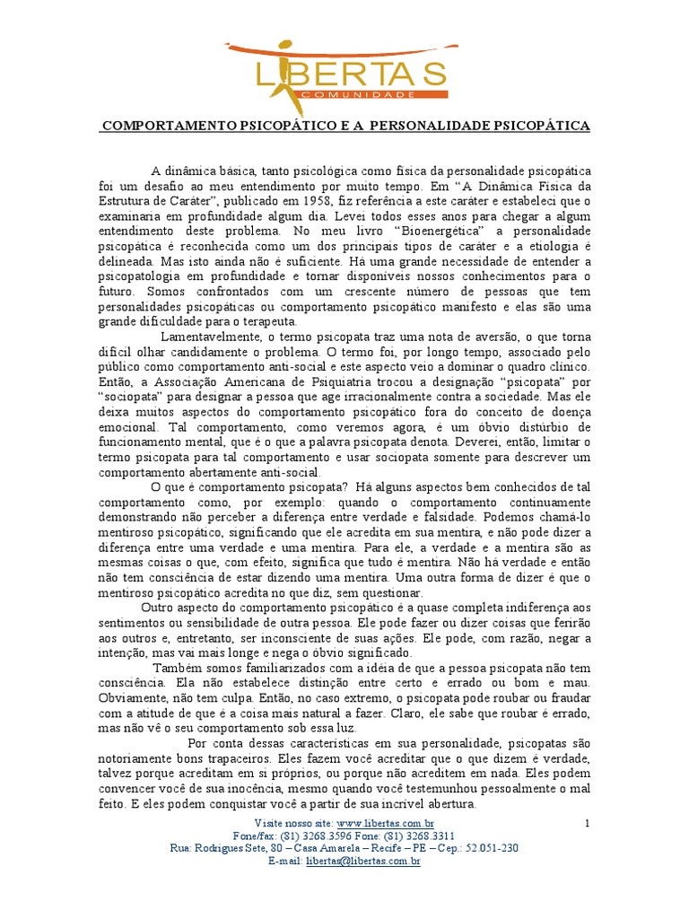 Comportamento Psicopático e A Personalidade Psicopática | PDF ...