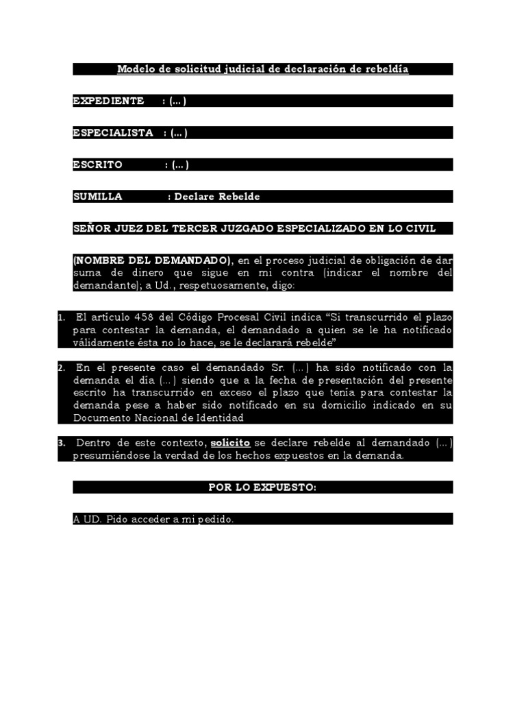 Modelo de Solicitud Judicial de Declaración de Rebeldia | PDF Modelo de Solicitud Judicial de Declaración de Rebeldia | PDF