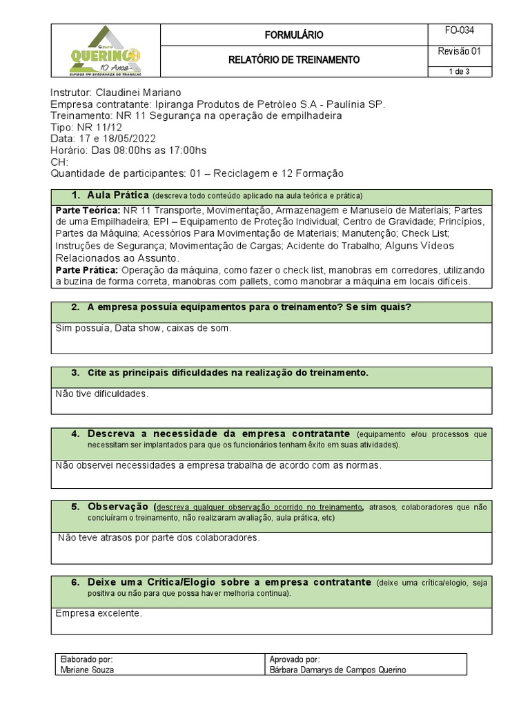 FO-ADM-034-RELATÓRIO DE TREINAMENTO - Rev.01 - NR 11 Empilhadeira - Ipiranga Produtos de ...