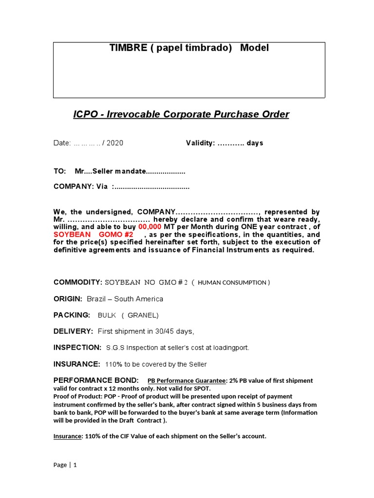 010 Icpo Model 2020 Buyer Consigne Soybean Soybean Meal and Yeelow Corn ...