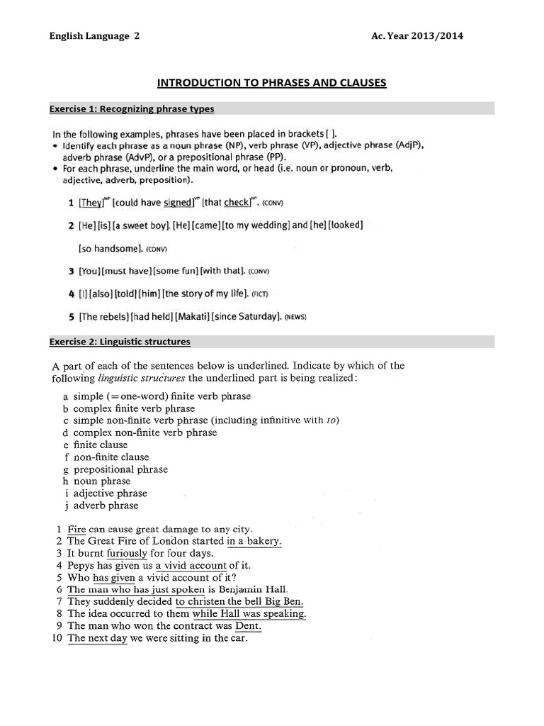1 PHRASES AND CLAUSES - Exe Handout | PDF