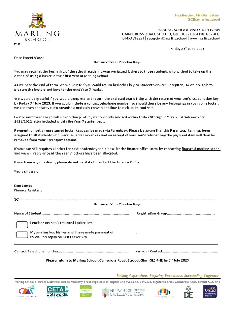 Y7 Locker Key Return Letter 2022-2023 | PDF | Service Industries