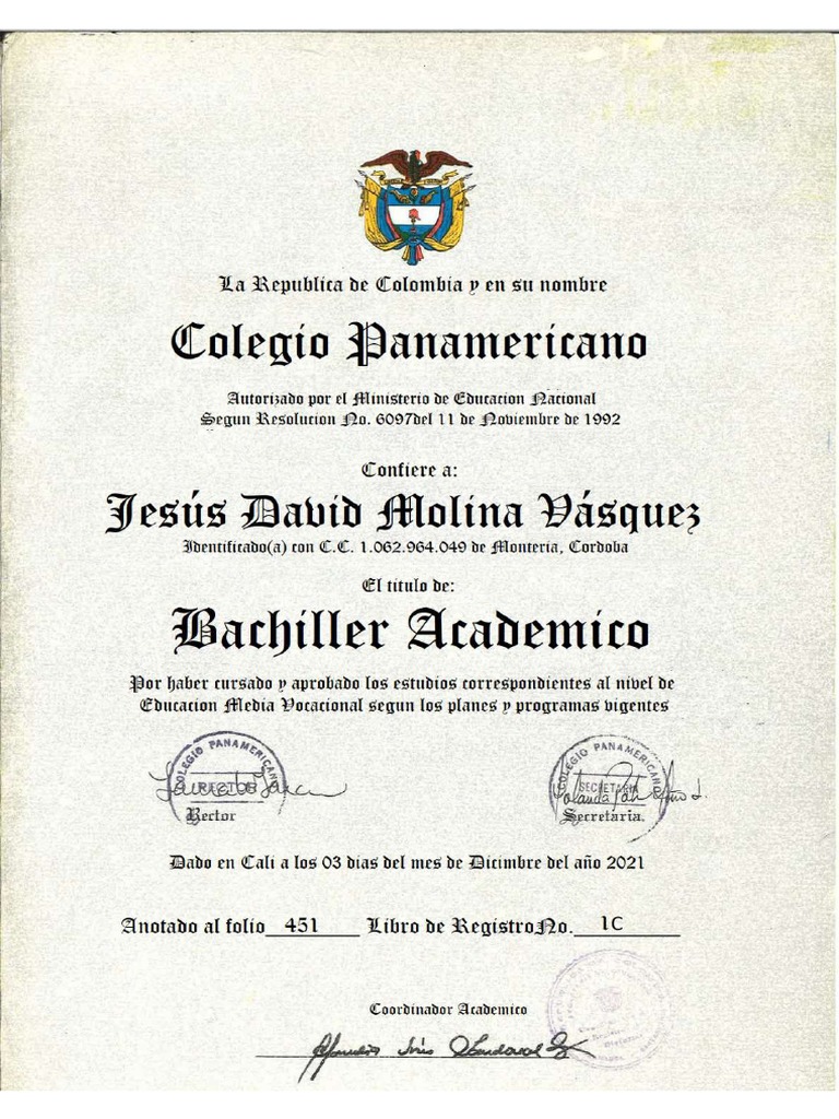 Diploma de Bachiller Jesus David | PDF