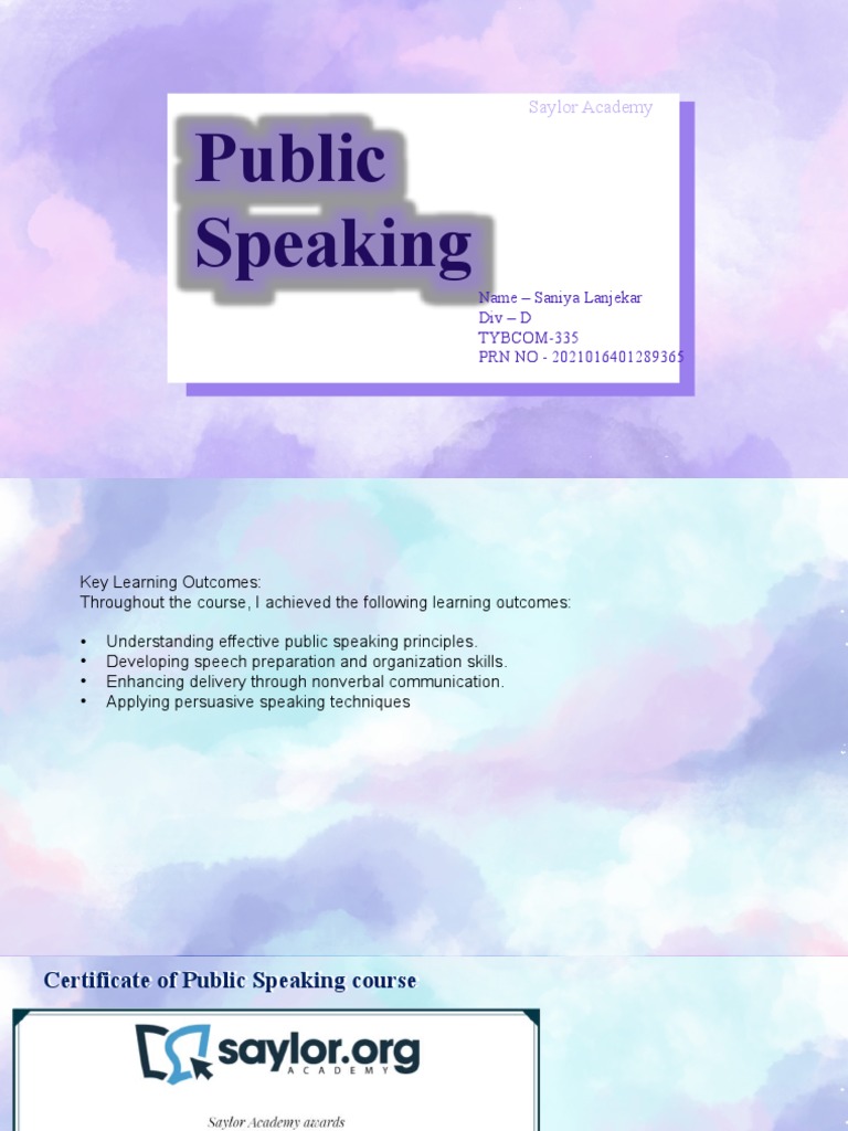 Public Speaking Course PPT and Report Saniya Lanjekar | PDF | Public ...