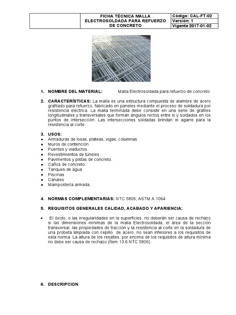Ficha Tecnica - Malla Electrosoldada | PDF | Hormigón | Acero