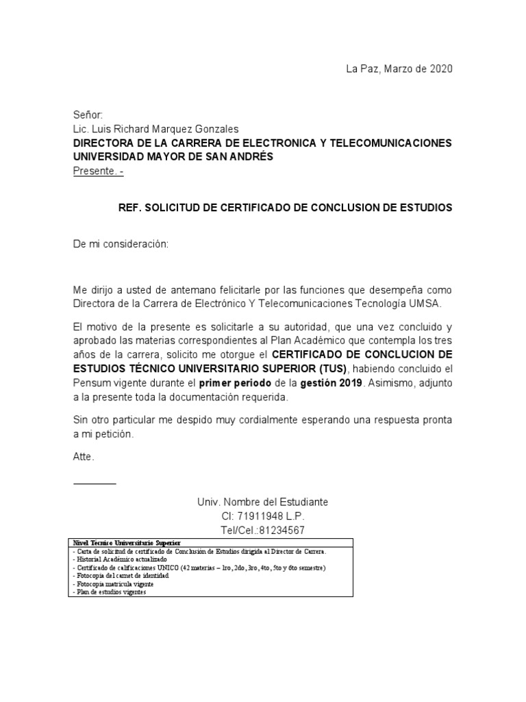 Modelo Carta de Solicitud CERTIFICADO DE CONCLUSION DE ESTUDIOS | PDF
