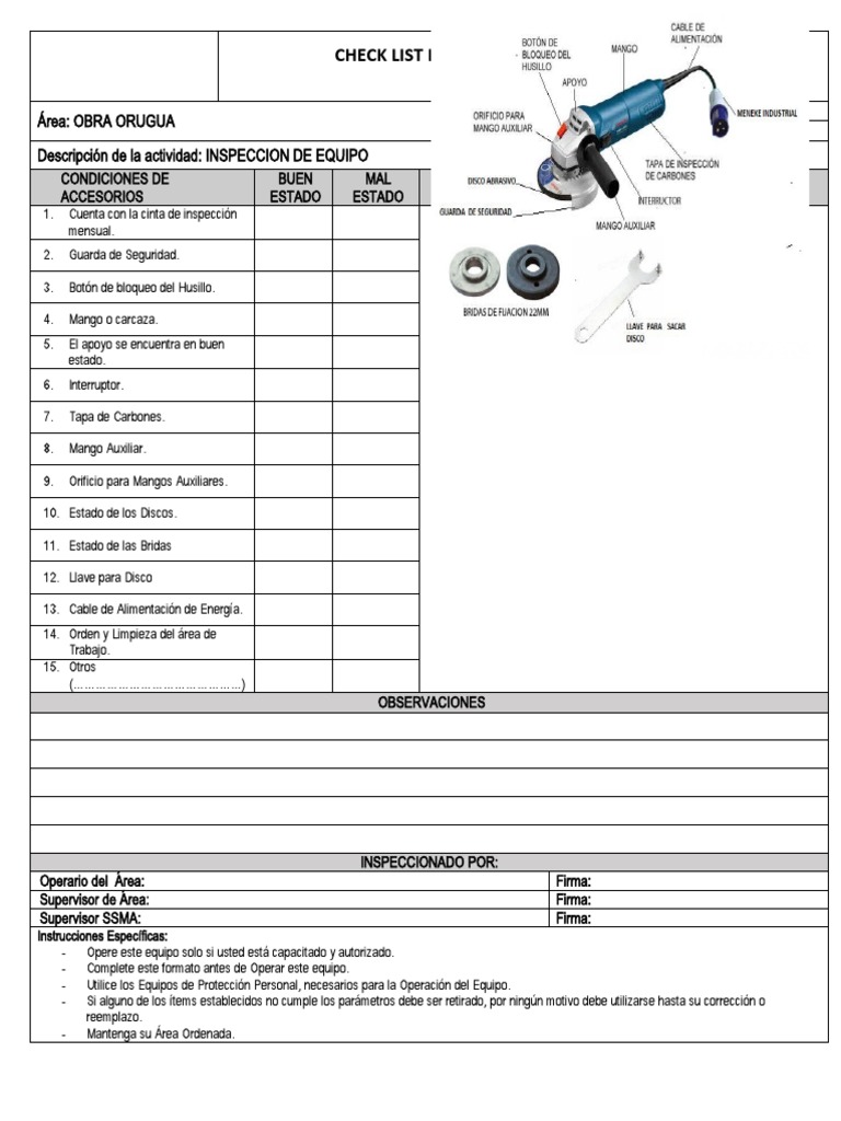 Checklist de Inspección de Pulidora | PDF