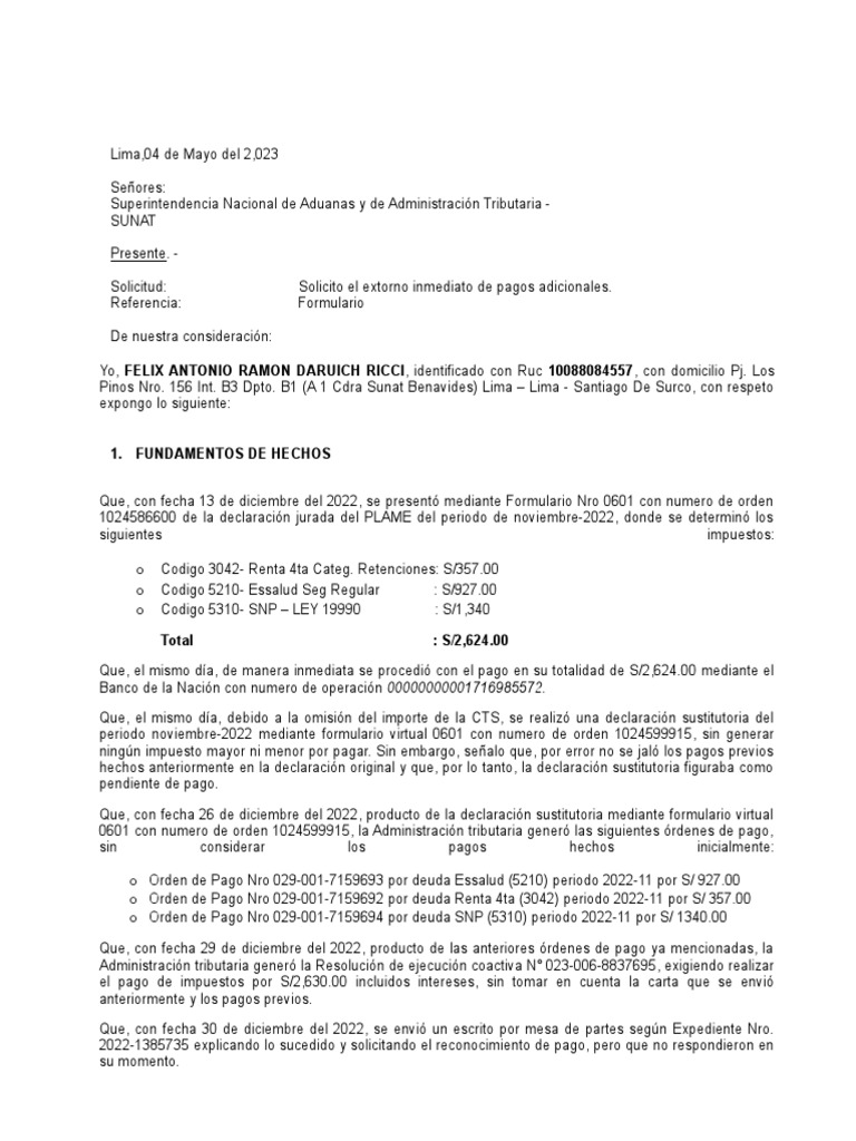 Carta A Sunat - Modelo 1 | PDF