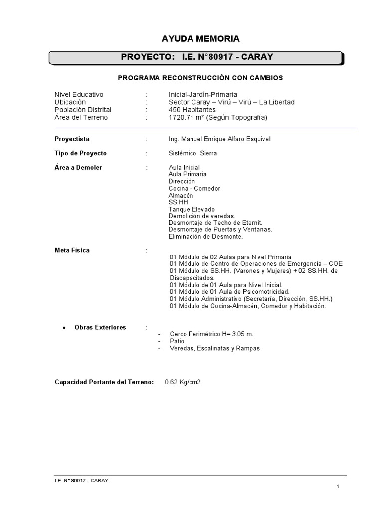 Proyecto I.E. N°80917 Caray: Reconstrucción | PDF