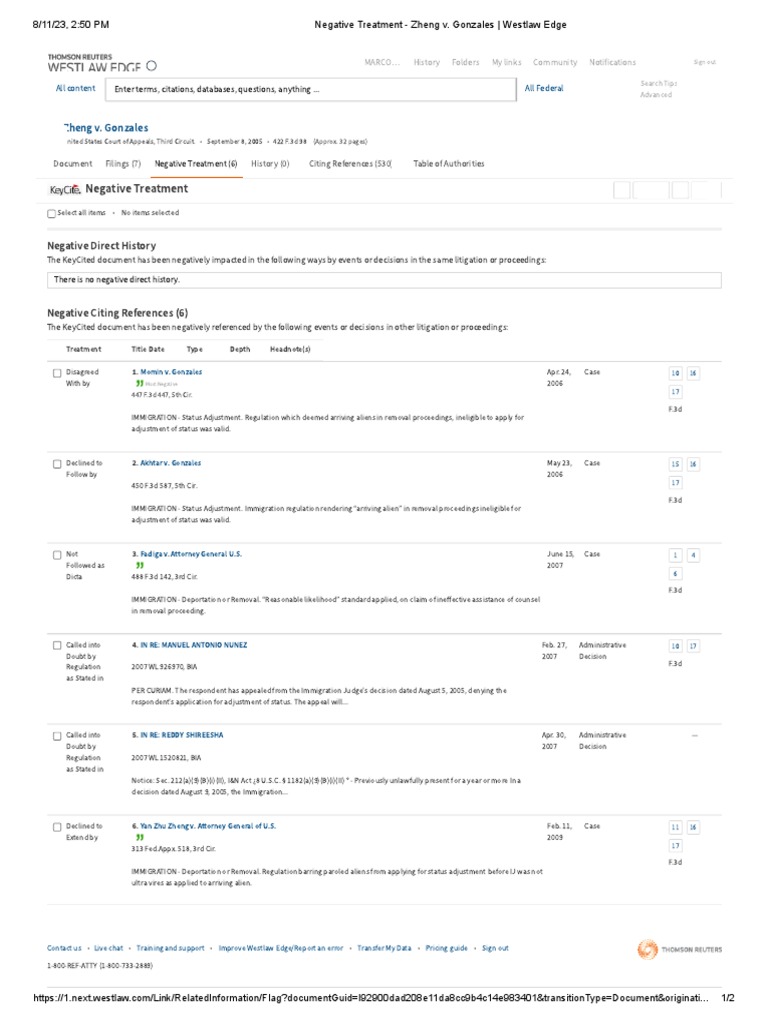 Negative Treatment - Zheng v. Gonzales (Westlaw Edge) | PDF